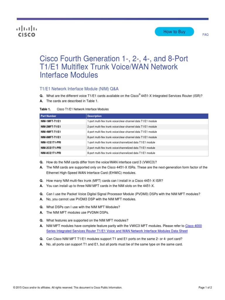 Cisco Fourth Generation 1-, 2-, 4-, and 8-Port T1/E1 Multiflex Trunk Voice/WAN Network Interface ...
