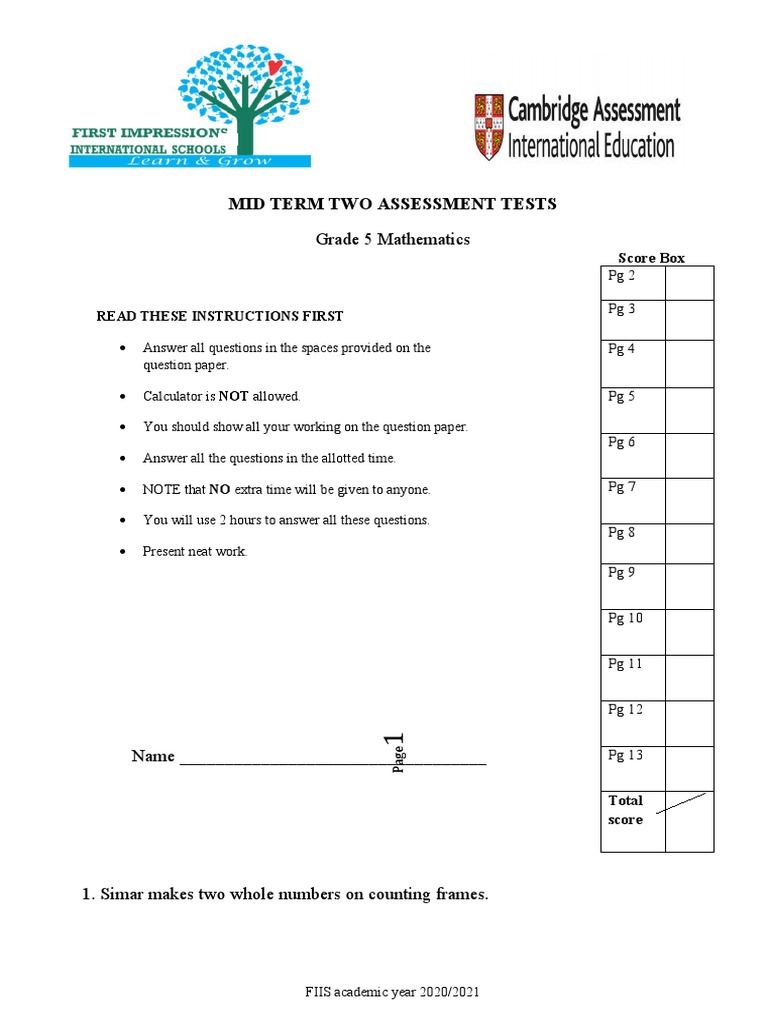 Grade 5 Maths Test | PDF | Teaching Mathematics