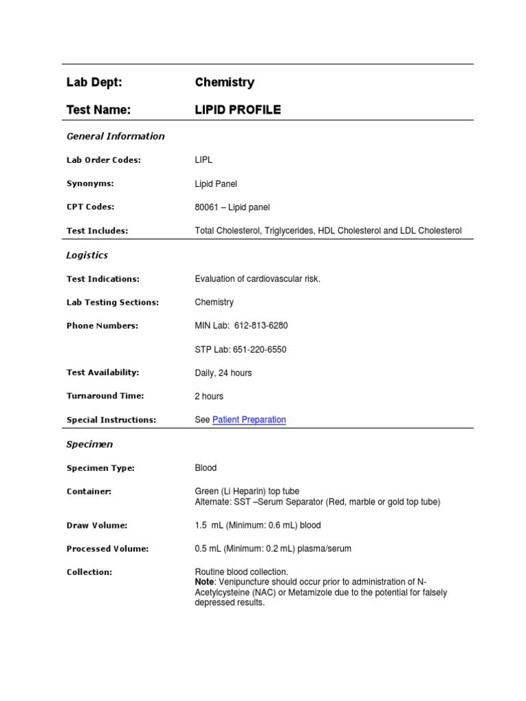 Lab Dept: Chemistry Test Name: Lipid Profile: General Information ...