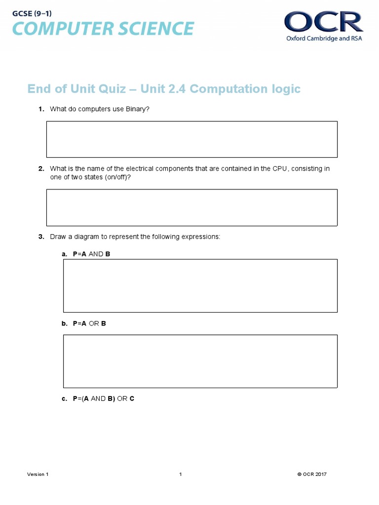 2.4 Computational Logic End of Unit Quiz Lesson Element | PDF | Logic ...