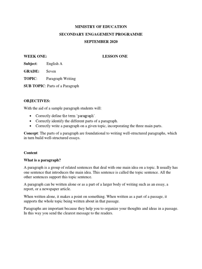 Grade 7 English Language Week 1 Lesson 1 | PDF | Paragraph | Essays
