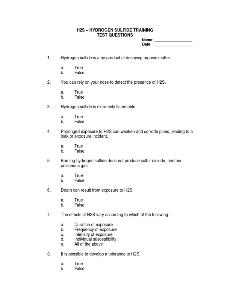 H2S - Hydrogen Sulfide Training Test Questions: Name: - Date | PDF