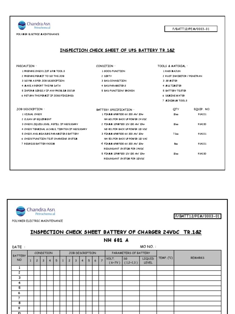 UPS Battery Inspection Checklist | PDF | Battery Charger | Galvanic Cells
