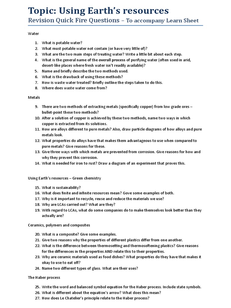 Using Materials Questions For LS Revision Quick Fire Questions | PDF ...