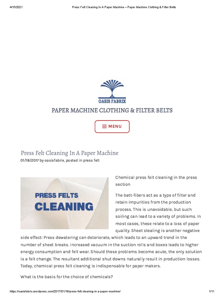 Press Felt Cleaning in Paper Machines | PDF | Textiles | Nonwoven Fabric