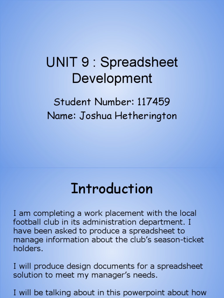Unit 9 Spreadsheet Development Assignment 1 - Joshua Hetherington | PDF | Spreadsheet ...