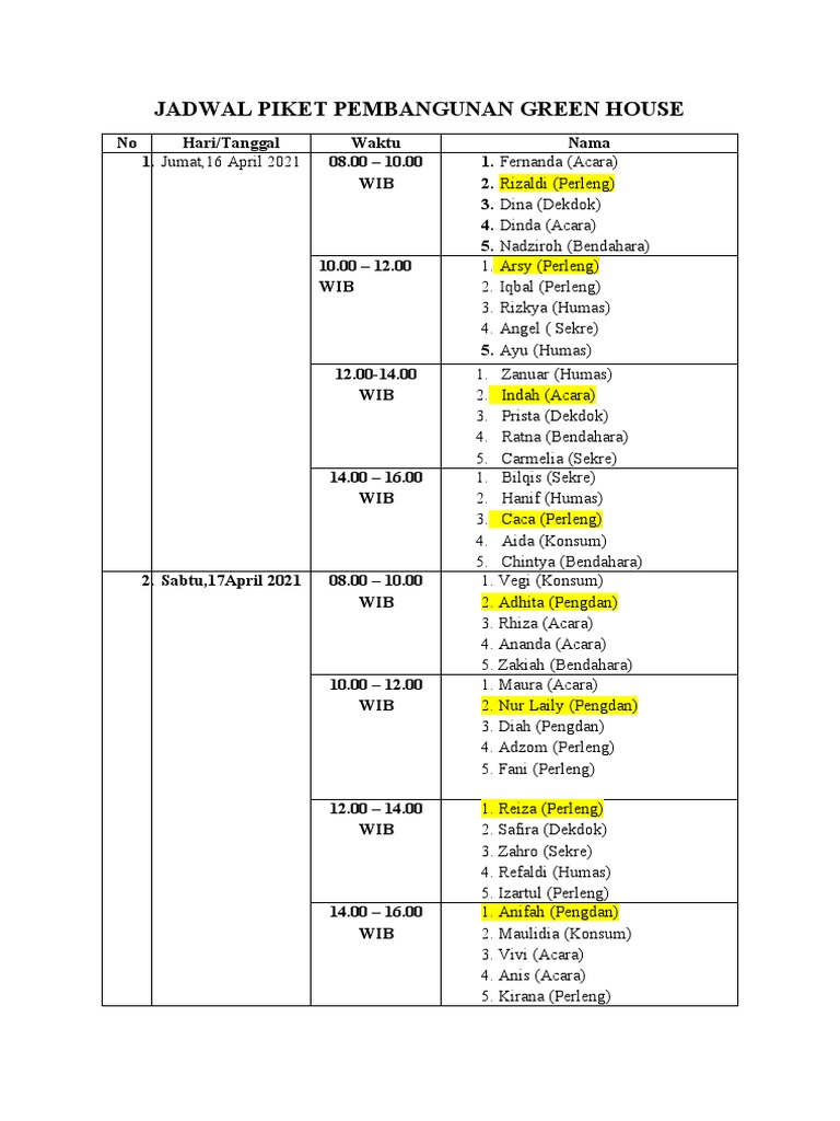 Jadwal Piket Pembangunan Green House-3 | PDF Jadwal Piket Pembangunan Green House-3 | PDF