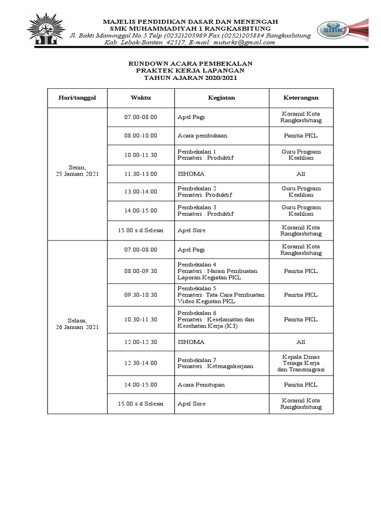 Contoh Rundown Acara Pembekalan PKL | PDF