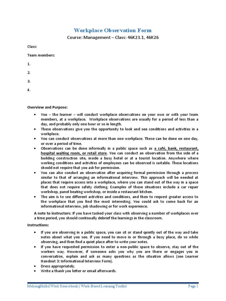 Work Exposure. Workplace Observation Form - K46 | PDF | Occupational ...