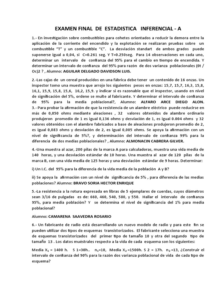 Examen Final de Estadistica Inferencial 2021 - A | PDF | Desviación Estándar | Intervalo de ...