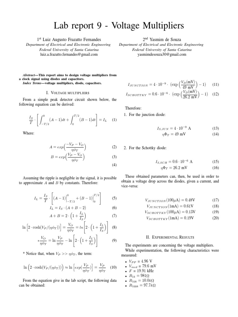 Lab Report 9 - Voltage Multipliers: 1 Luiz Augusto Frazatto Fernandes 2 Yasmim de Souza | PDF ...