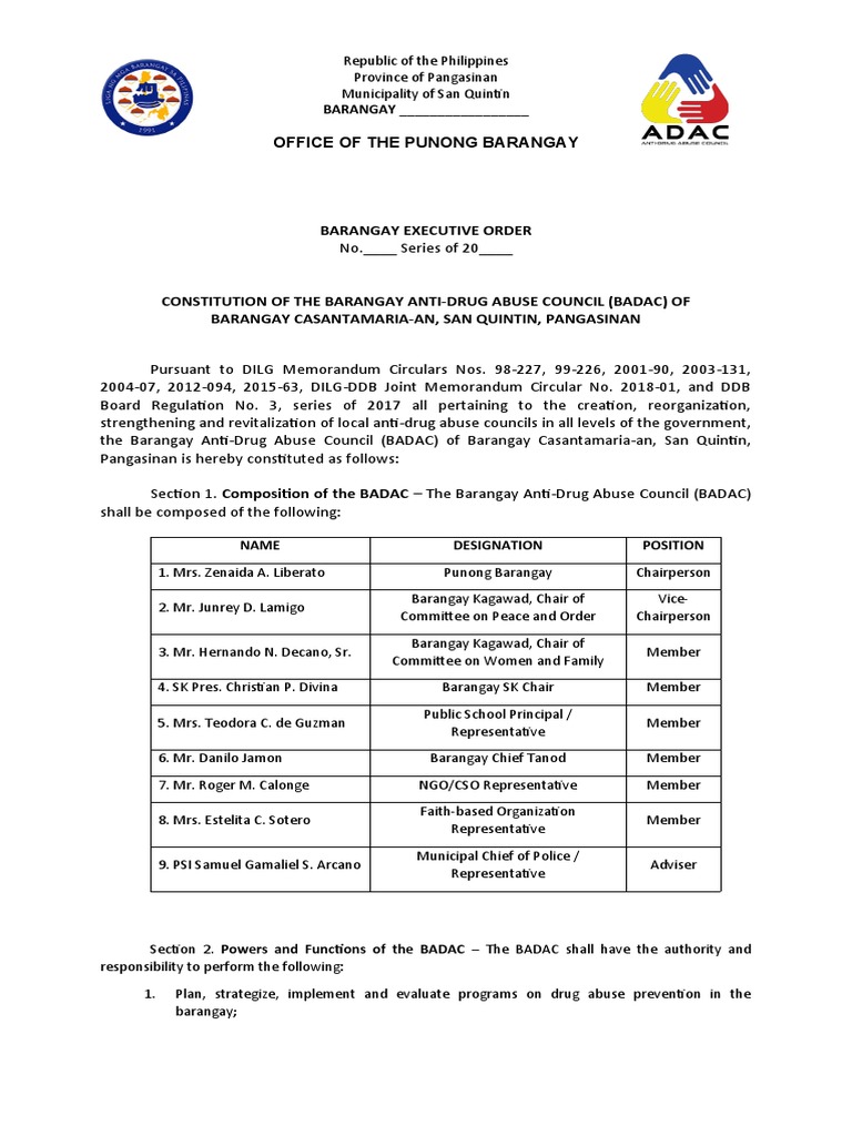 BADAC Template - Executive Order | PDF | Drug Rehabilitation | Government