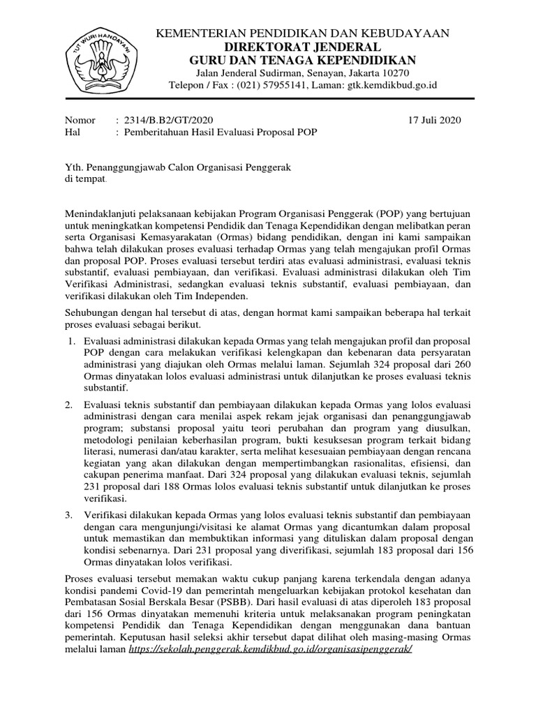 2314 Surat Pengumuman Hasil Evaluasi Ormas POP Dan Lampiran | PDF