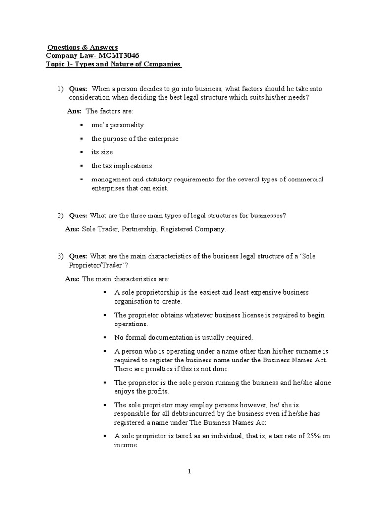 Questions Answers - Topic 1 - Types Nature of Companies | PDF ...