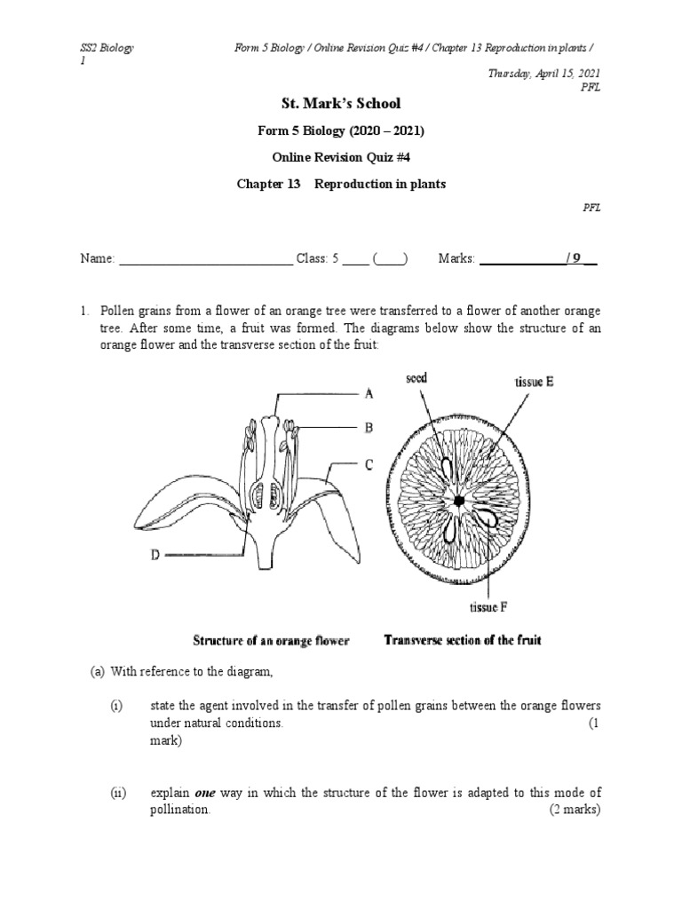 Form 5 Biology - Online Revision Quiz #4 - Reproduction in Plants - PFL ...