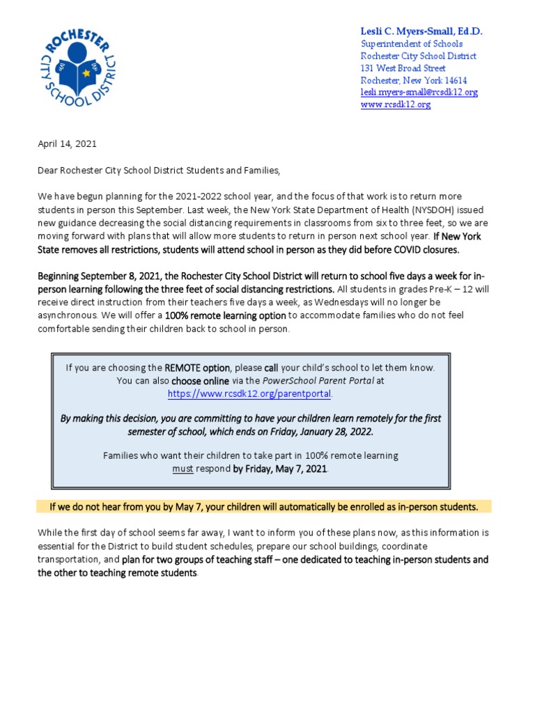 RCSD Letter To Families (April 14, 2021) | PDF | Pedagogy | Behavior Modification