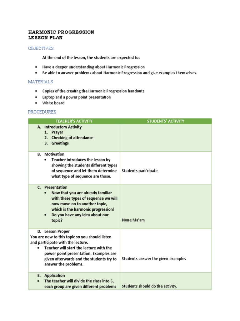 HARMONIC PROGRESSION-lesson Plan | PDF