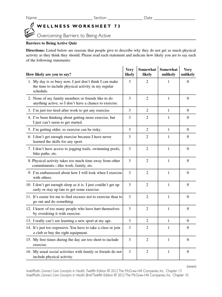 Overcoming Barriers To Being Active: Wellness Worksheet 73 | PDF ...
