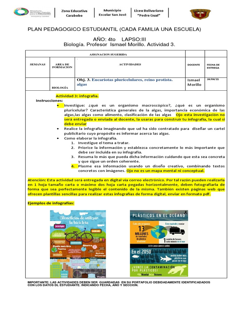 Act. 3 Biologia 4 To. Año 3 Er Momento Ismael Morillo | PDF | Algas | Biología