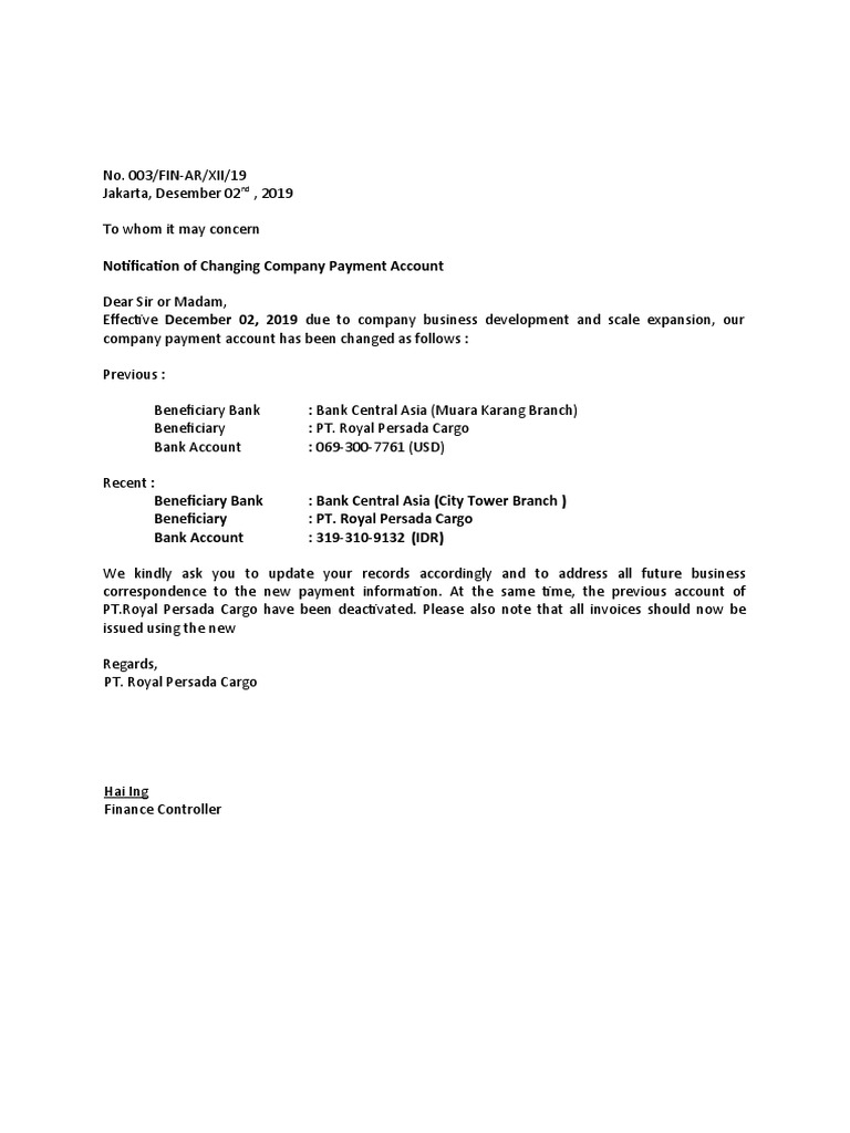 Contoh Surat Perubahan Rekening - ENGLISH