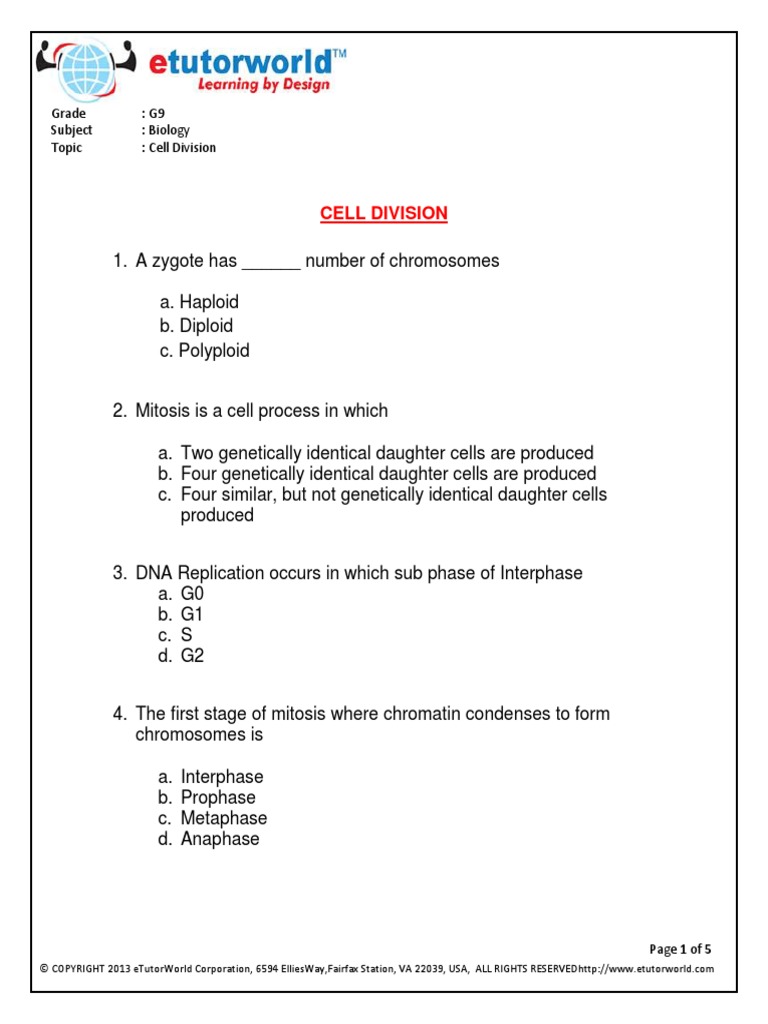 Grade: G9 Subject: Biology Topic: Cell Division | PDF | Mitosis ...