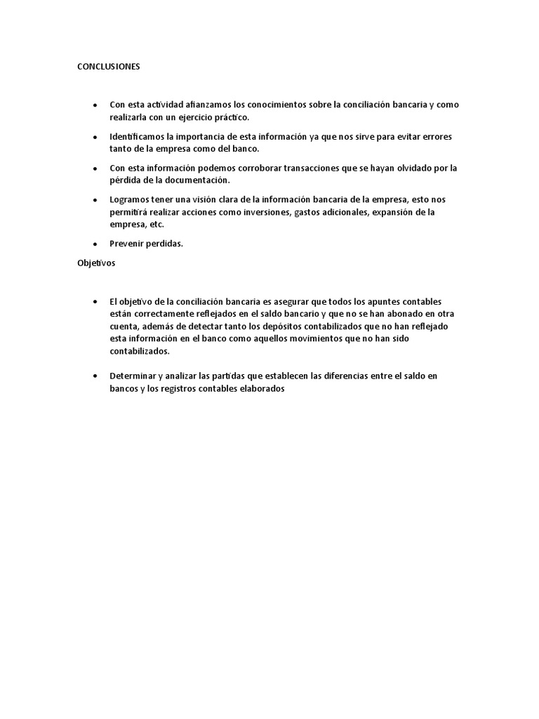 Conclusiones y Objetivos Conciliacion Bancaria | PDF