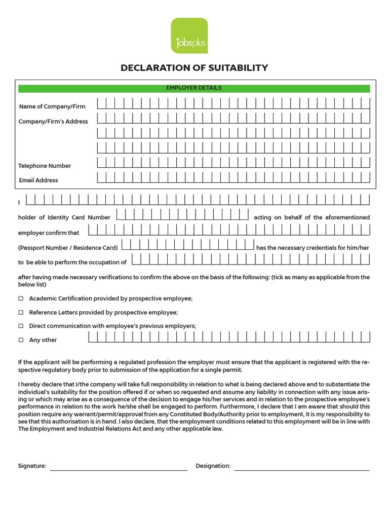 Employer Declaration of Suitability Form | PDF