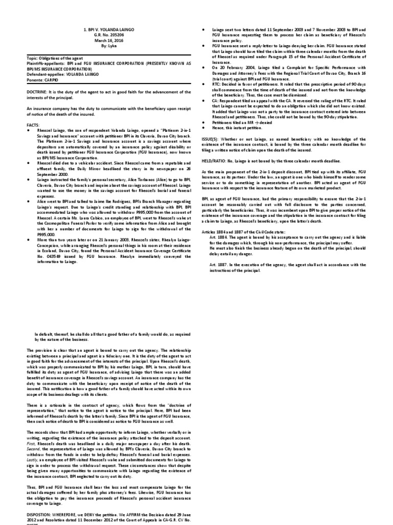 BPI v. Yolanda Laingo | PDF | Insurance | Complaint