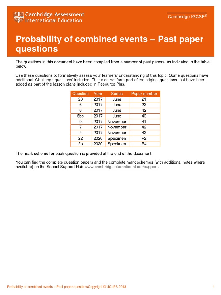 Probability of Combined Events - Past Paper Questions: Year Series ...