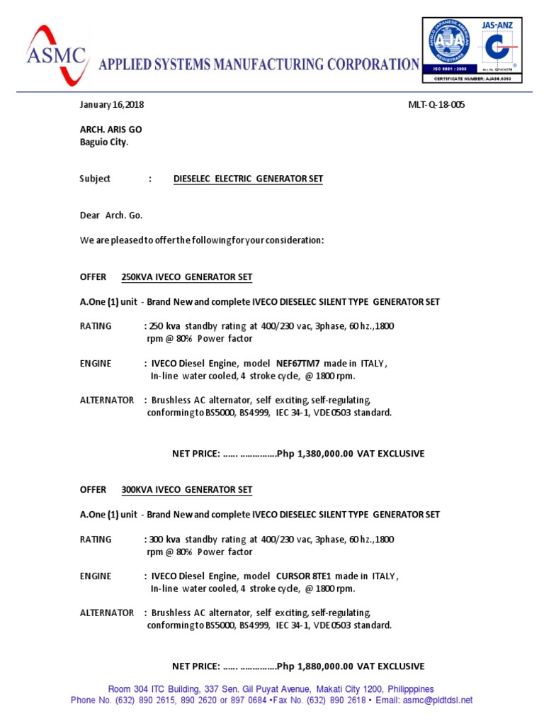 Mlt-q-18-005 - Arch. Aries Go - 250kva and 300kva Iveco | PDF | Engines ...