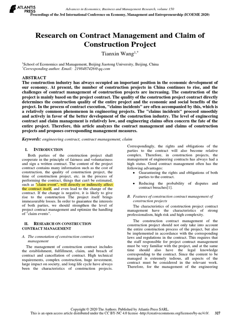 1-2020-Contract Management and Claim Ofconstruction | PDF | Risk ...