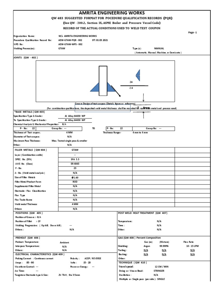 QW-483 (PQR) GTAW 4MM Fillet | PDF | Welding | Construction