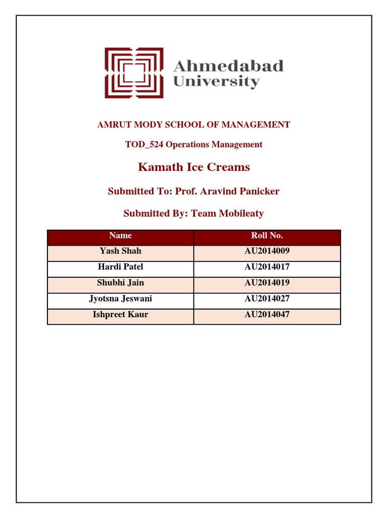 Kamath Ice Creams: Submitted To: Prof. Aravind Panicker Submitted By ...