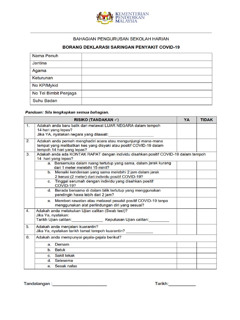 Borang Deklarasi Kesihatan Pelajar Asrama 2021 | PDF