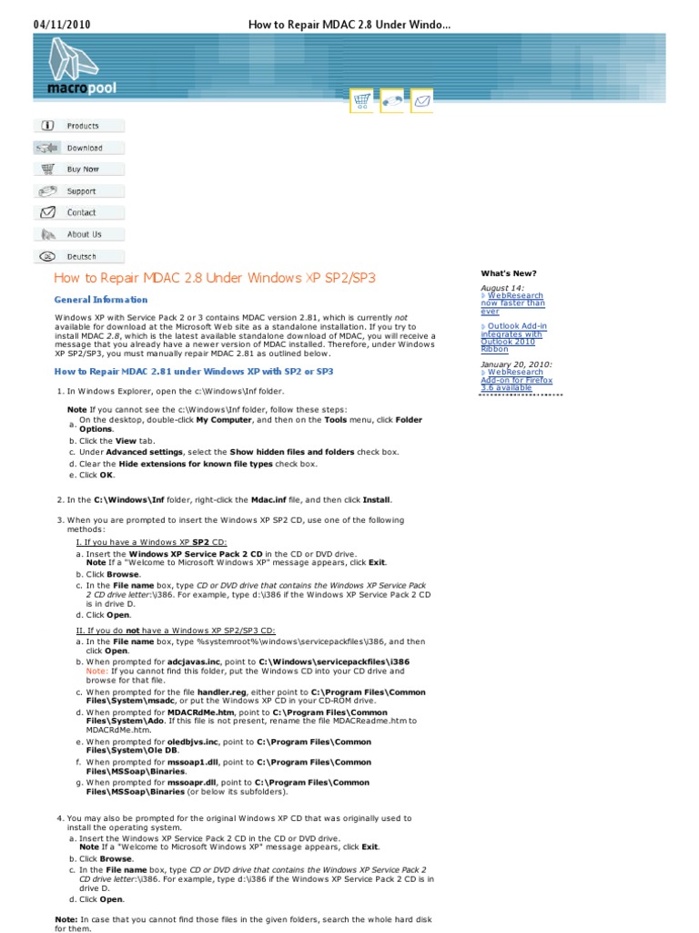 How To Repair MDAC 2.8 Under Windows XP SP2 - SP3 | PDF | Windows Xp | Microsoft Windows