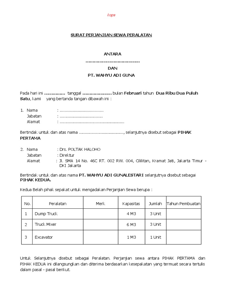 Surat Perjanjian Sewa Peralatan - PT WAHYU ADI GUNA (DT, TM & EXCA) | PDF | Hukum