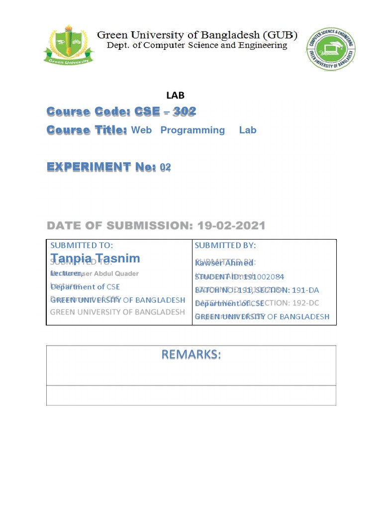Course Code: CSE - 302 Course Title: Experiment No:: Tanpia Tasnim | PDF | Bangladesh | Bengal