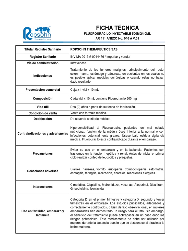 Ficha Tecnica Fluorouracilo Inyectable | PDF | Cáncer | Quimioterapia