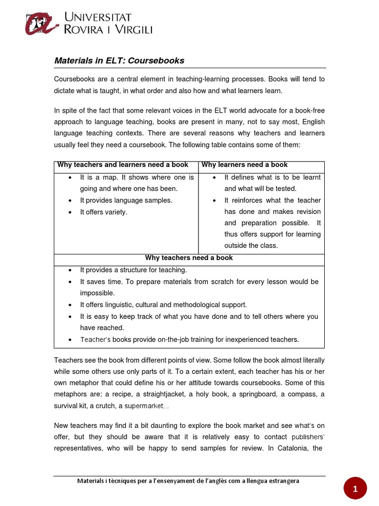 Materials in ELT: Coursebooks: Why Teachers and Learners Need A Book ...