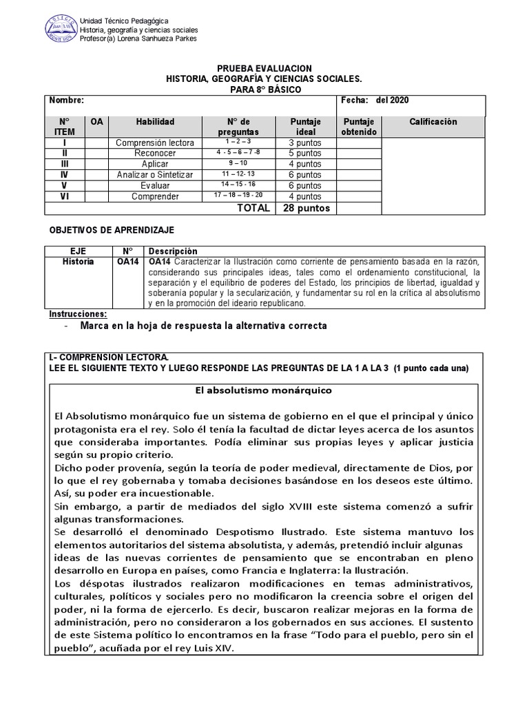 Prueba - Historia.8vo. BASICO | PDF | Era de iluminacion | Monarquía ...