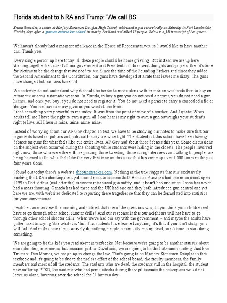 Emma Gonzalez Speech Transcript | PDF | Weaponry | Violence
