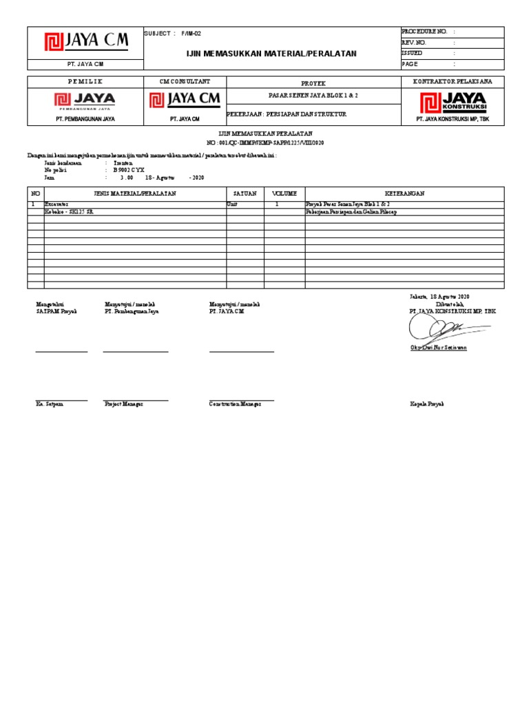 Izin Memasukkan Material Proyek Jaya CM | PDF