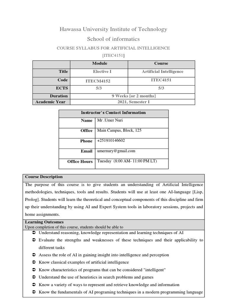 Course Syllabus For Artificial Intelligence Pdf Artificial Intelligence Intelligence Ai 