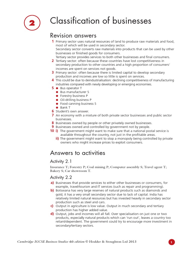 Classification of Businesses: Revision Answers | PDF | Tertiary Sector ...