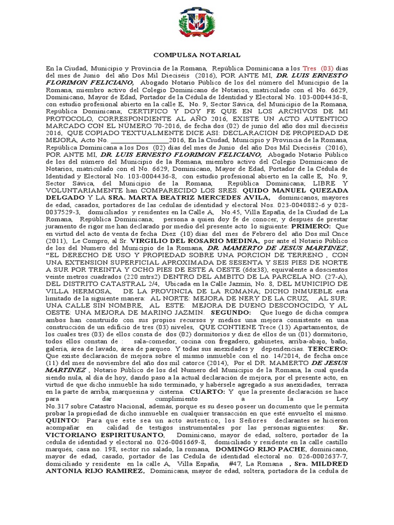 03 6 2016 COMPULSA NOTARIAL Mejora Apart. | PDF | República Dominicana ...