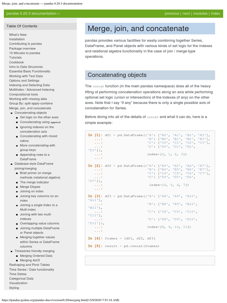 Merge, Join, and Concatenate - Pandas 0203 Documentation | PDF | Relational Model | Database Index