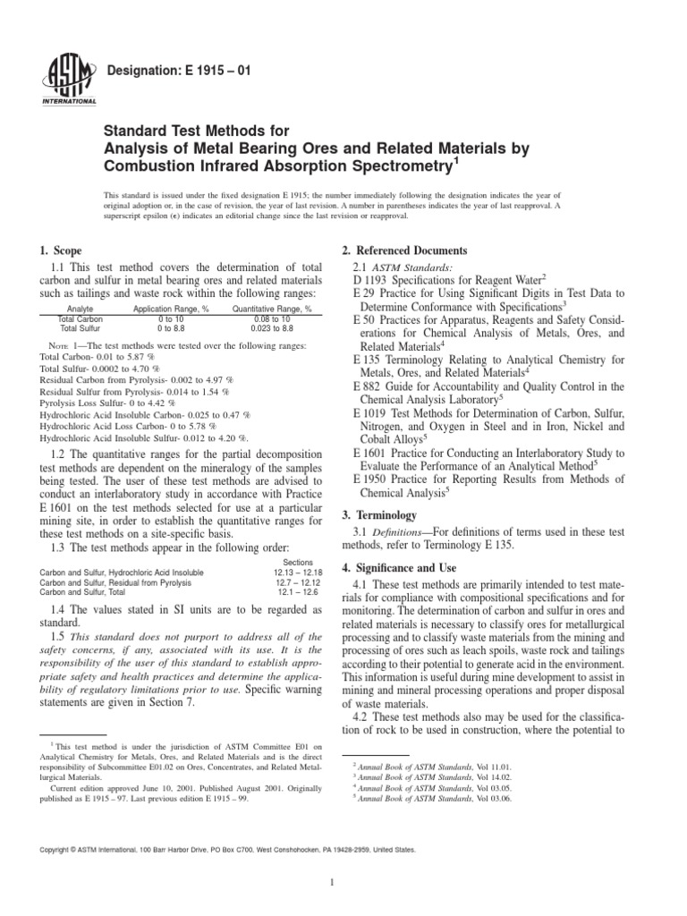 ASTM E1915-01 Analysis of Metal-Bearing Ores | PDF | Pyrolysis | Calibration
