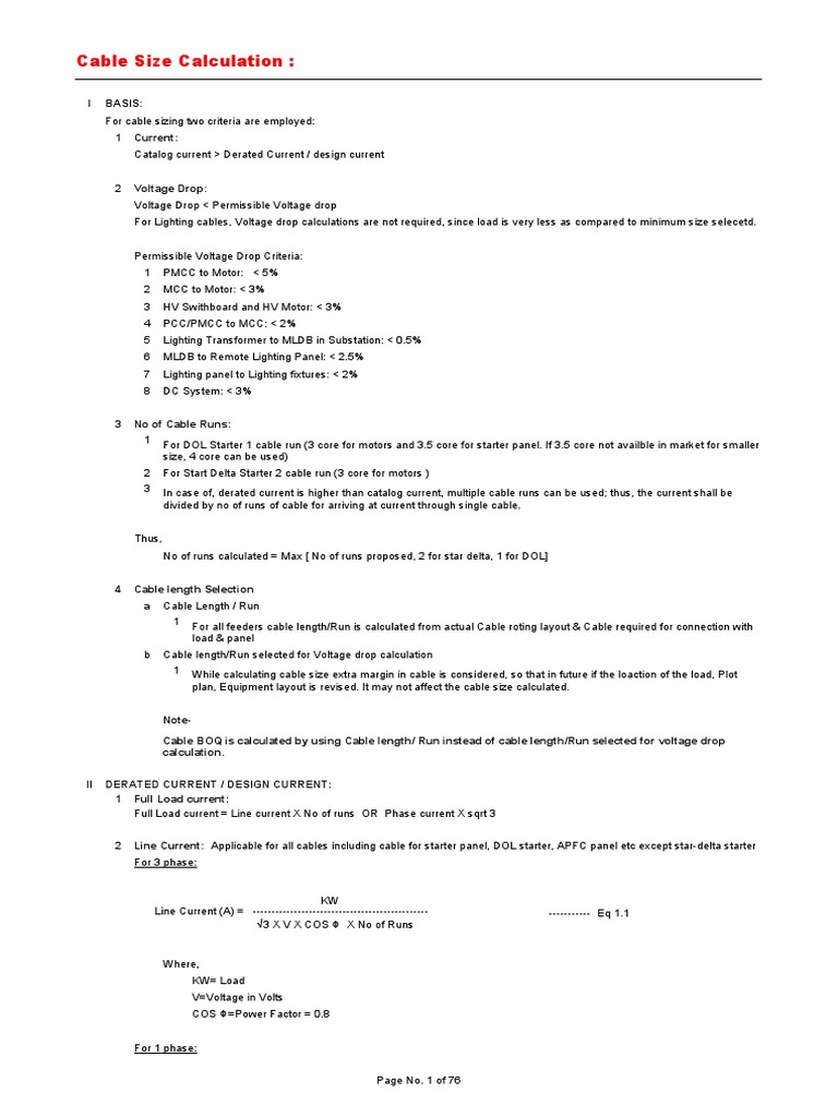 Cable Sizing Sheet | PDF | Electrical Impedance | Electrical Components