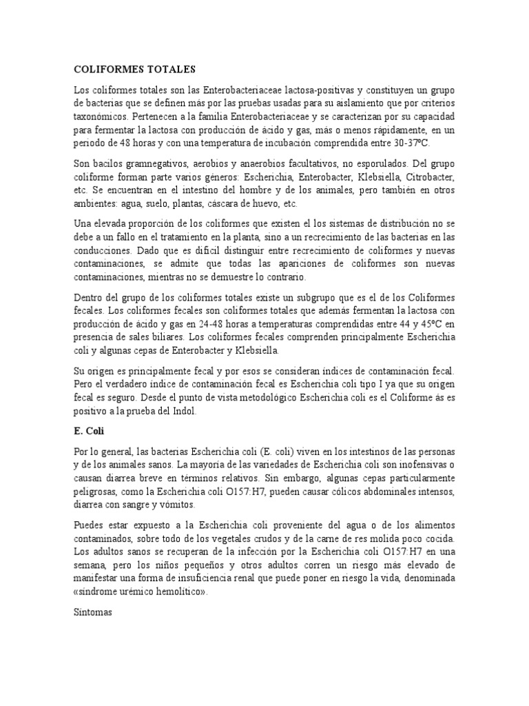 Coliformes Totales y E. Coli | PDF | Escherichia coli | Diarrea