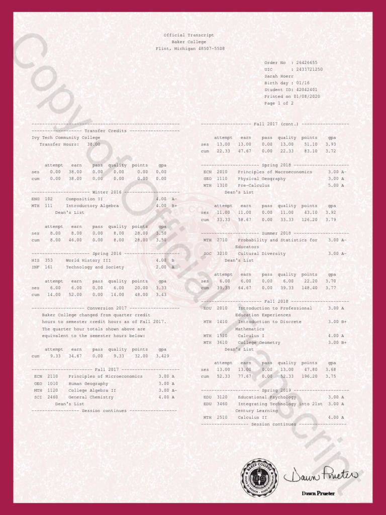 Baker College Official Transcript | PDF | Teaching Mathematics | Mathematical Analysis